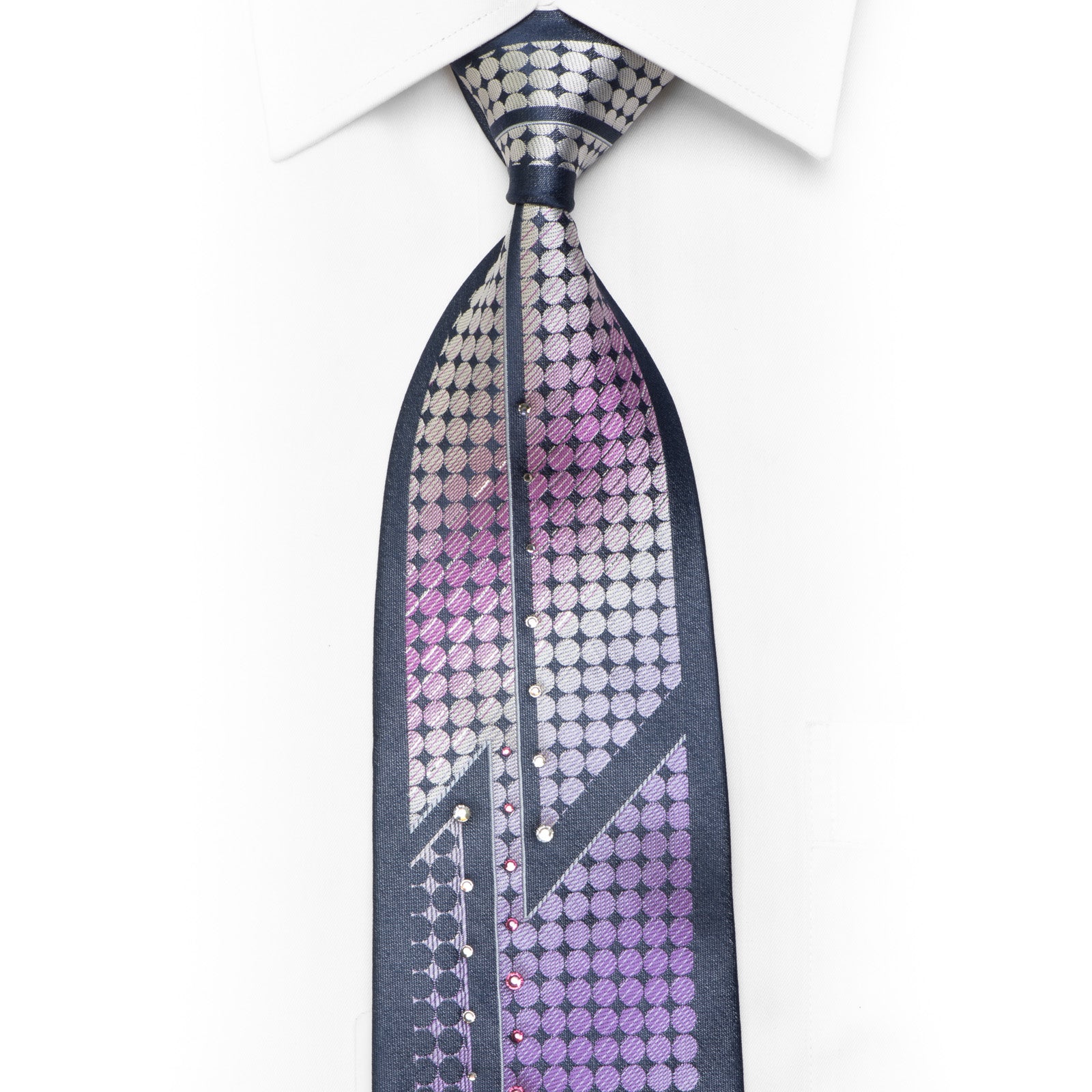 San-Dee - Rhinestone Silk Necktie Purple Geometric On Navy