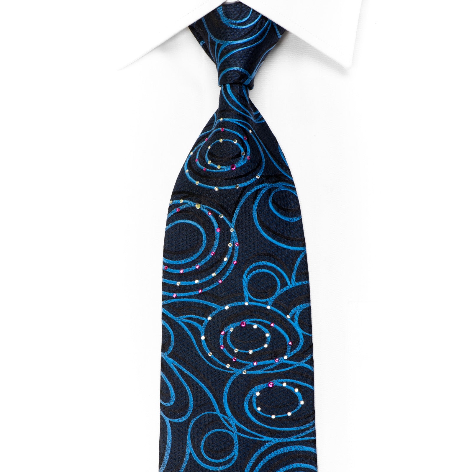 San-Dee - Nina Ricci Rhinestone Silk Necktie Blue Scrolls