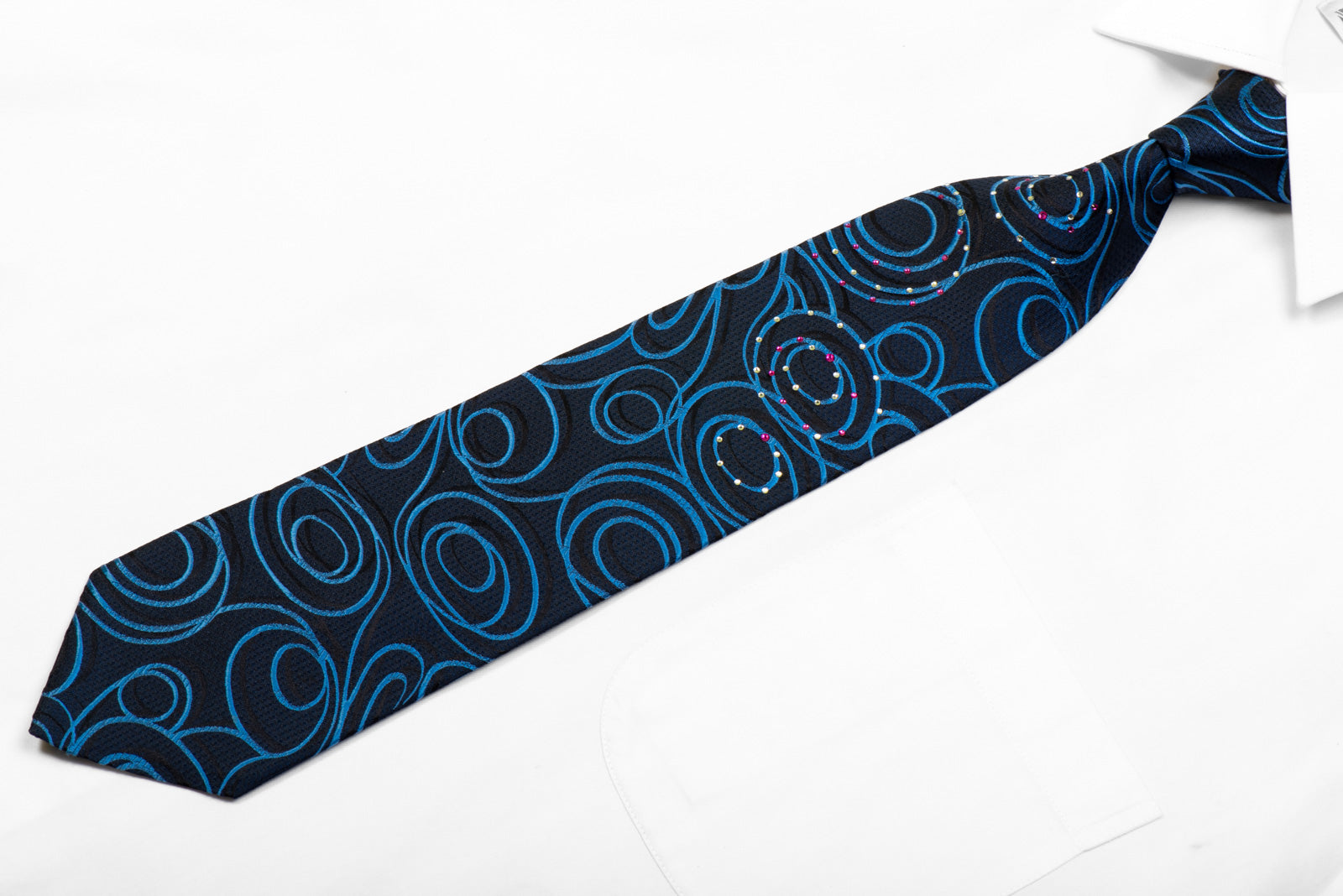 San-Dee - Nina Ricci Rhinestone Silk Necktie Blue Scrolls