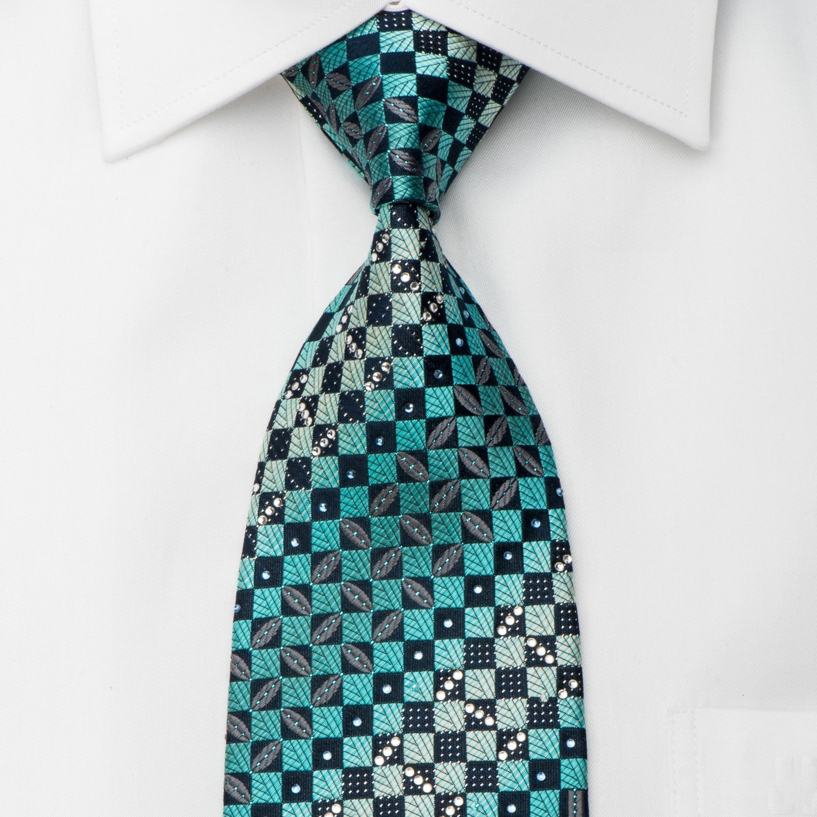 San-Dee - Renoma Rhinestone Silk Necktie Blue Teal Checkered